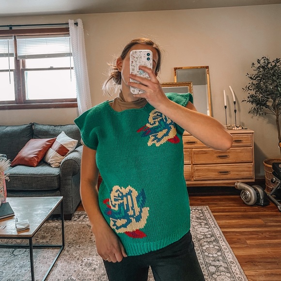 Vintage | Sweaters | 9s Bright Funky Vintage Chaus Sweater Green Floral ...